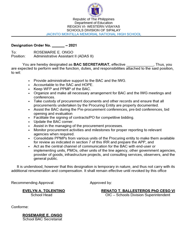 2021 Designation BAC Secretariat | Download Free PDF | Procurement ...