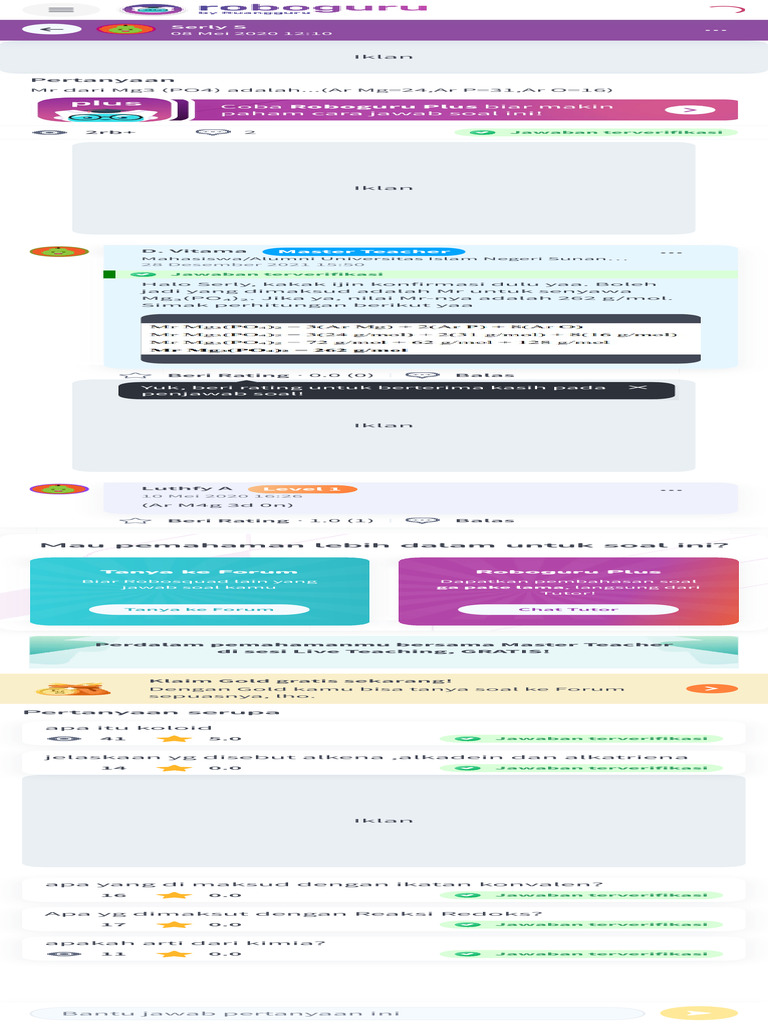 MR Dari Mg3 (PO4) Adalah... (Ar MG 24, Ar P 31, Ar O | PDF