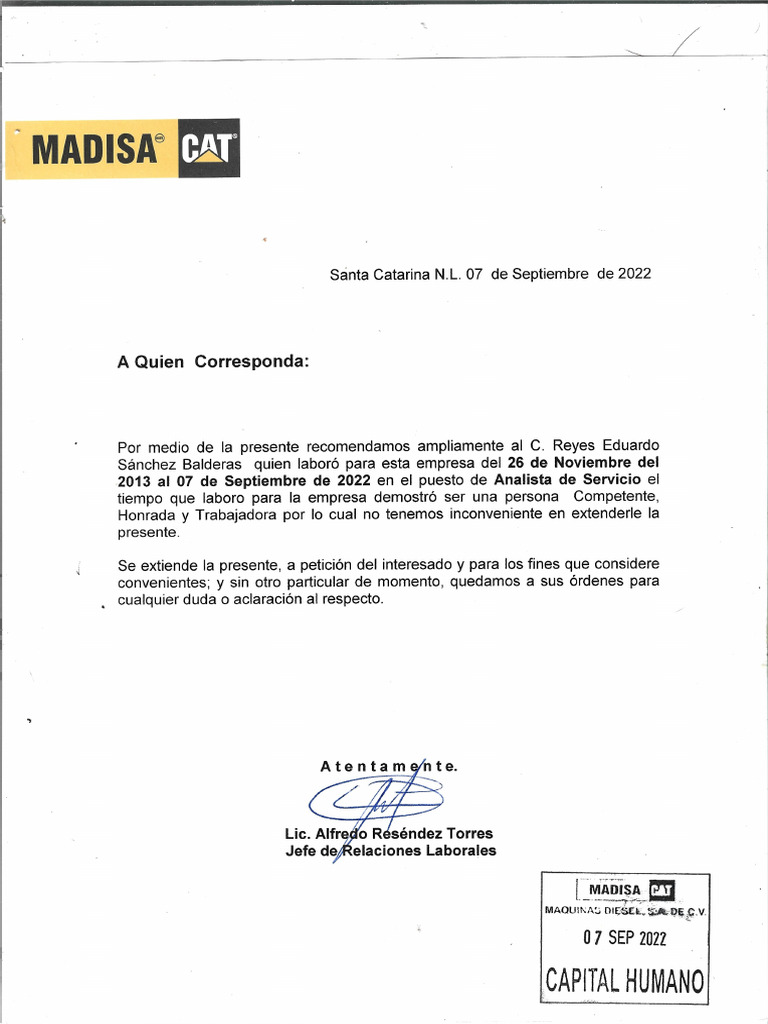 Carta de Recomendacion Madisa | PDF