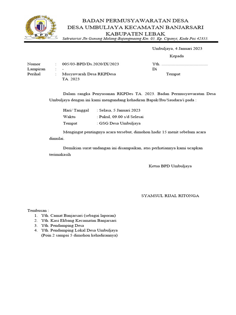 Surat Undangan MUSDES RKP Desa TA 2023 | PDF