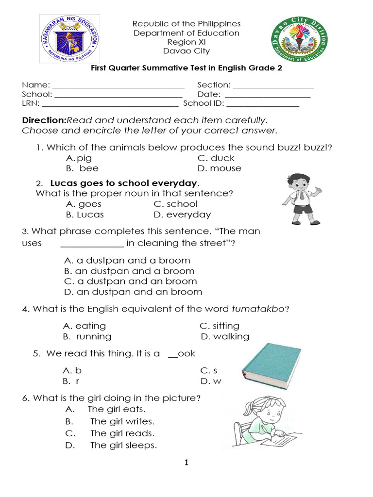 Grade 2 English Summative Test | PDF | English Language
