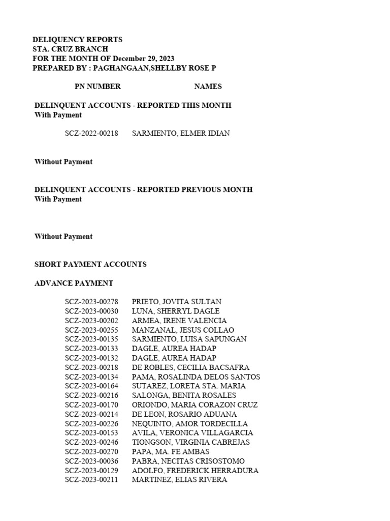 SCZ Deliquency - Report (122923) | PDF | Financial Services | Private Sector