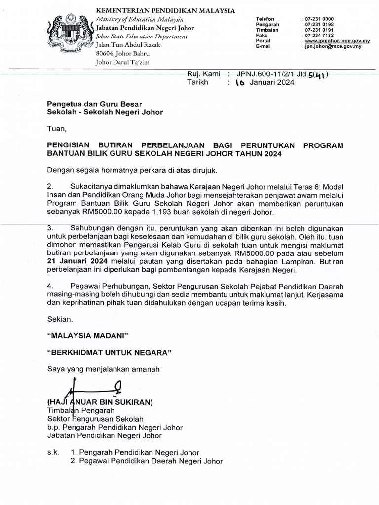 Surat PRGM Bntuan Bilik Guru Sekolah | PDF