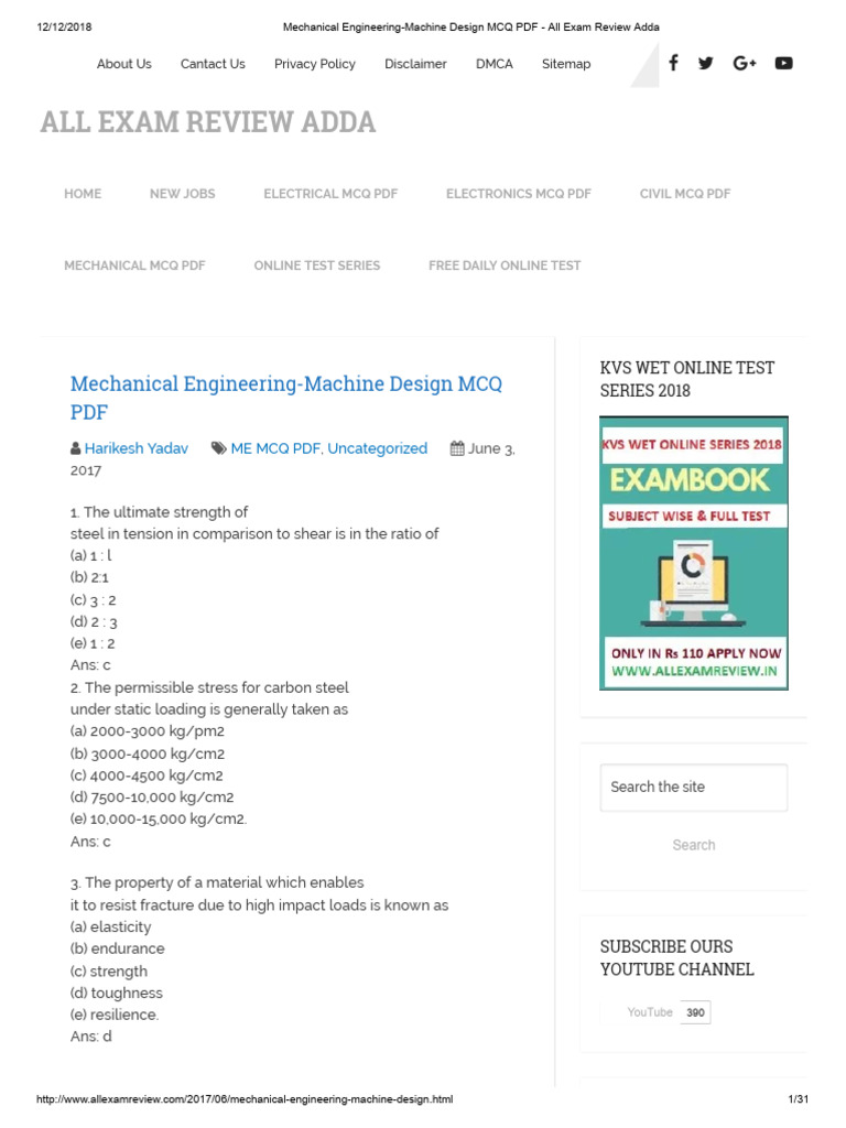 Mechanical Engineering-Machine Design MCQ PDF - All Exam Review Adda | PDF