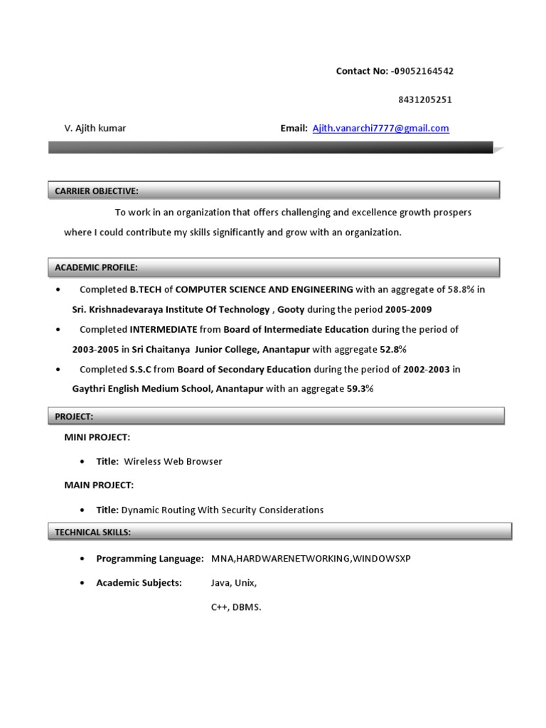 Resume of V. Ajith Kumar - CSE Graduate | PDF | Computers | Technology ...