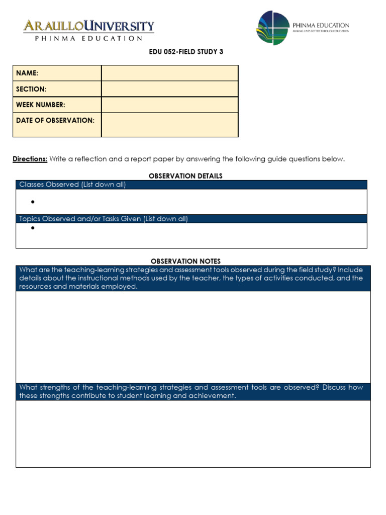 Edu 052 Field Study3 - Weekly Journal Template 1 | PDF