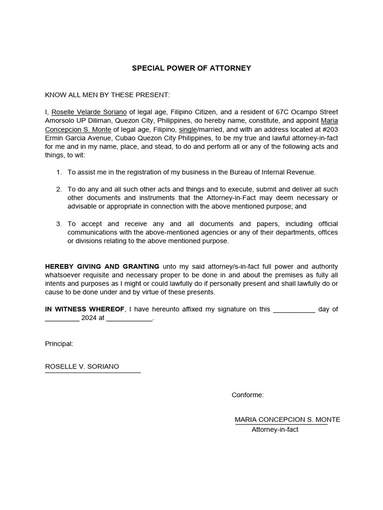 Special Power of Attorney Document | PDF | Power Of Attorney | Civil ...