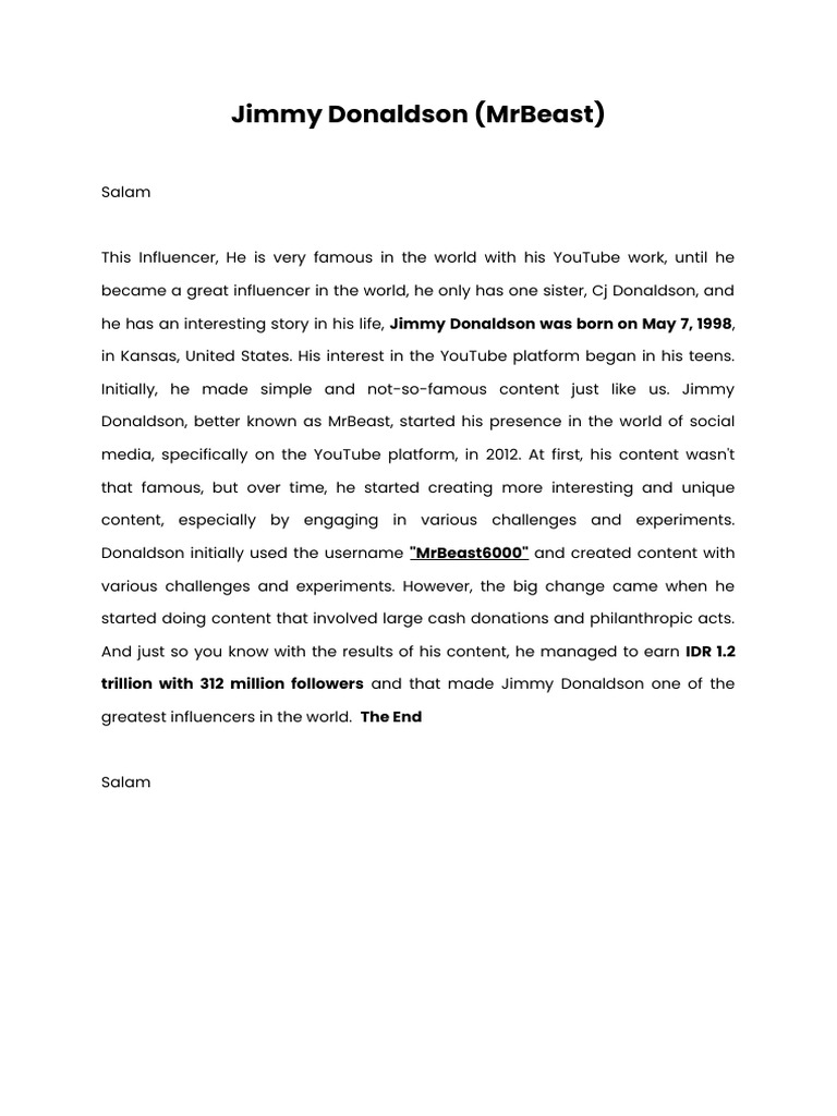 MrBeast: Biography of Jimmy Donaldson | PDF