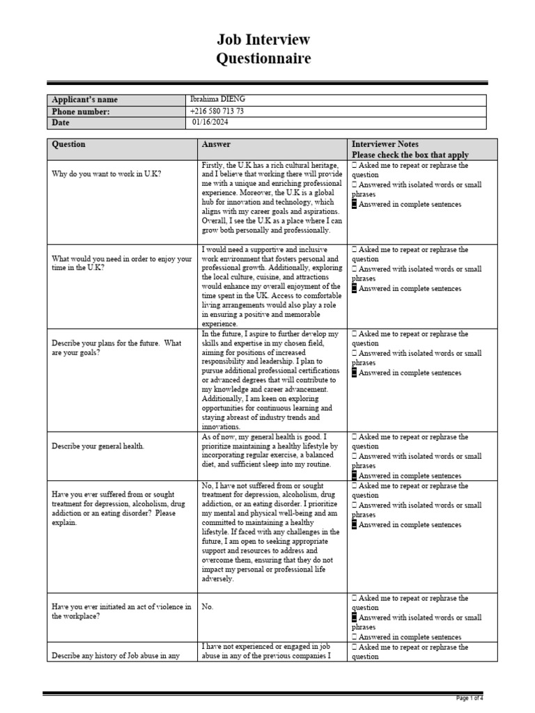 Job Interview Questionnaire | PDF | Substance Abuse | Motivation