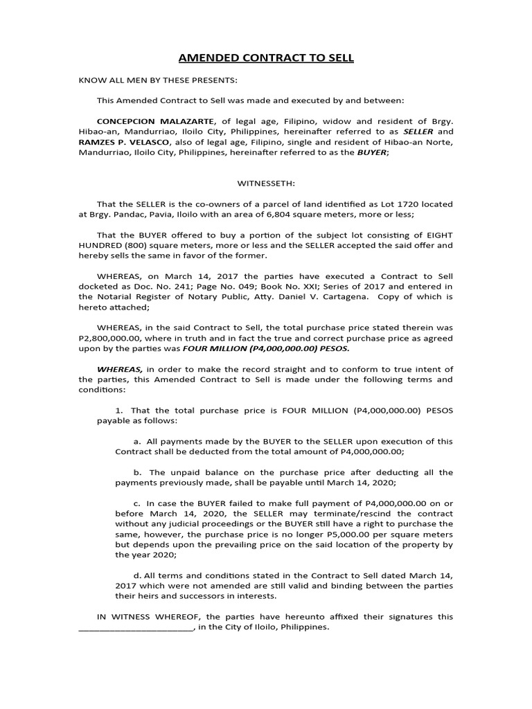 Amended Contract To Sell-Sabio | PDF | Prices | Justice