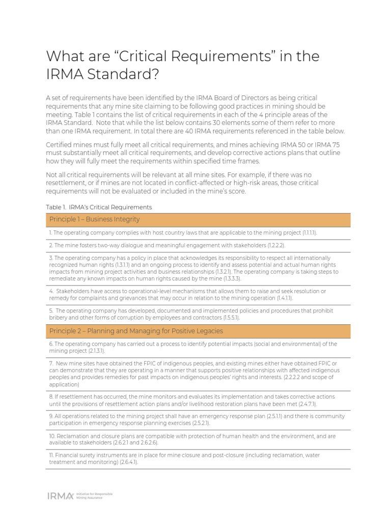 What Are Critical Requirements in The IRMA Standard Updated2022 | PDF ...