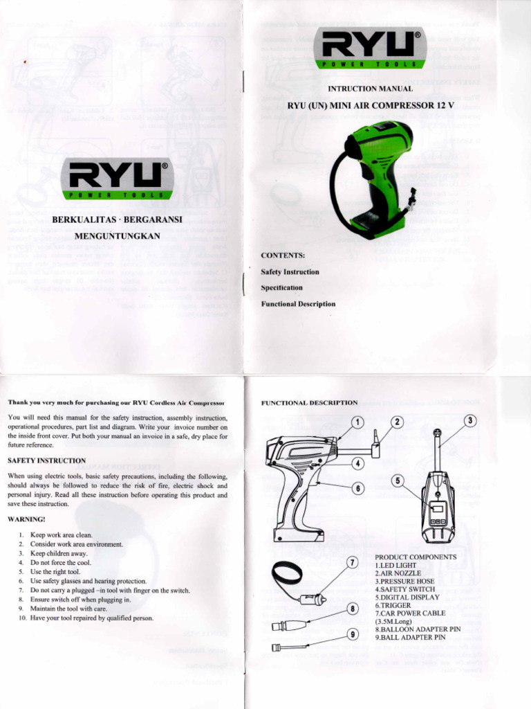 Ryu Mini Air Compressor 12V Manual | PDF