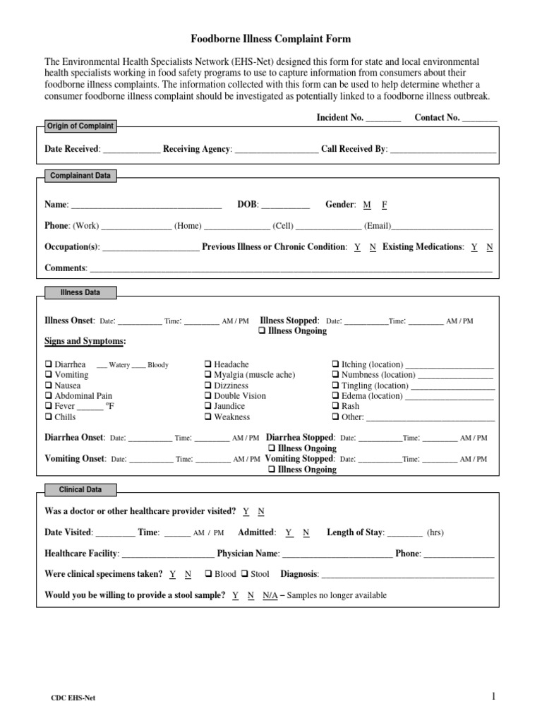 EHS-Net_Foodborne_Illness_Complaint_Form | PDF | Meal | Lunch
