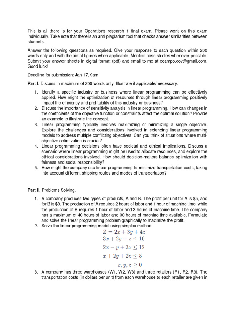 OR1 Final Exam | PDF | Linear Programming | Mathematical Optimization