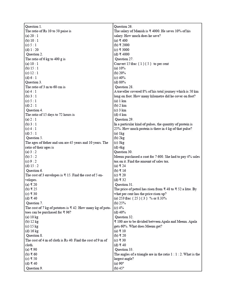 Maths MCQ Class 7 | PDF | Percentage | Economies