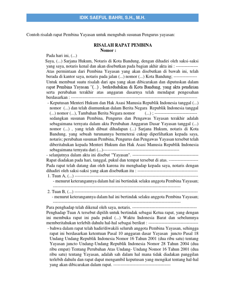 Contoh Risalah Rapat Pembina Yayasan Unt | PDF