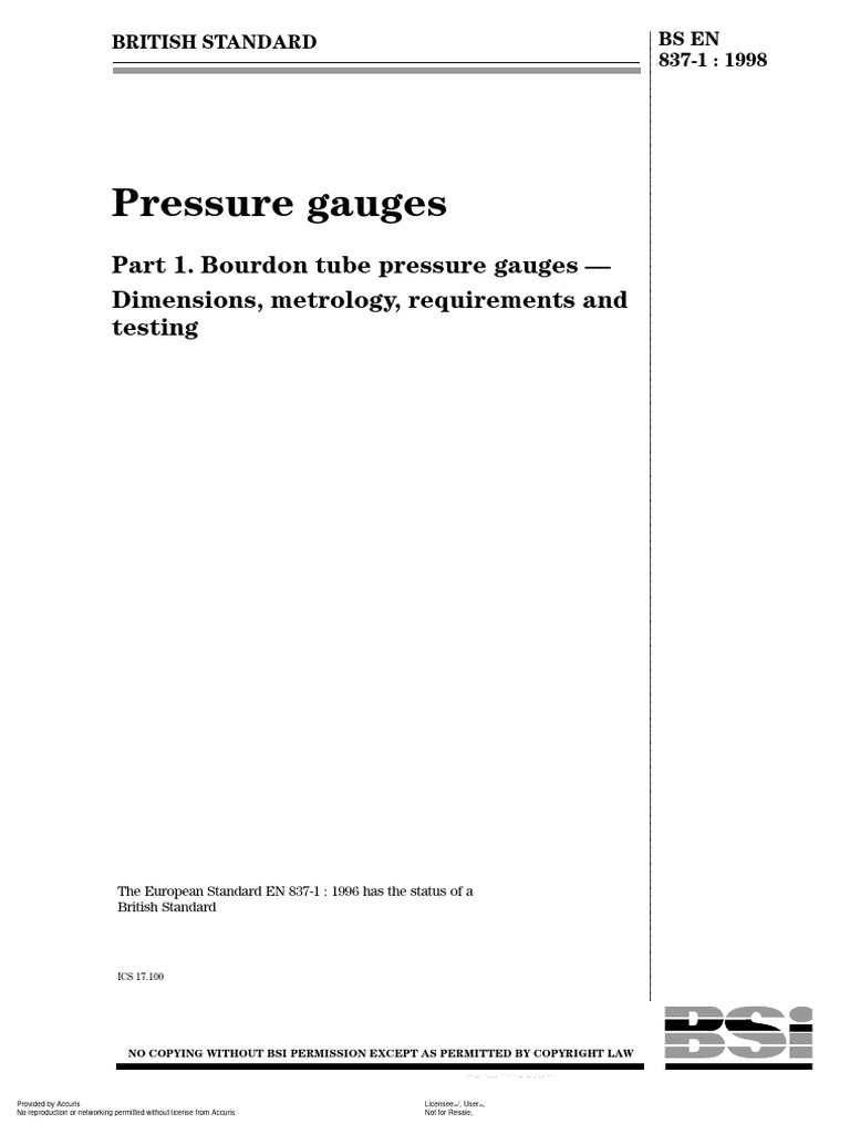 Bourdon Tube Pressure Gauges Standard | PDF | Pascal (Unit) | Pressure Measurement