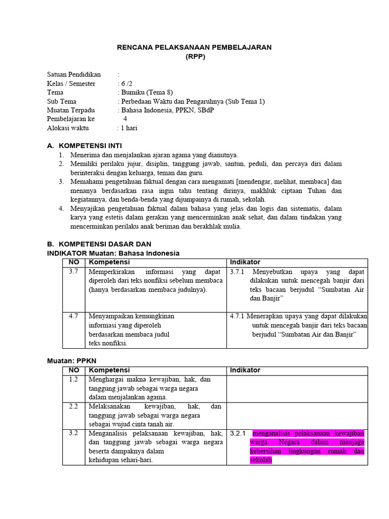 RPP Kelas 6 Tema 8 ST 1 Sra | PDF