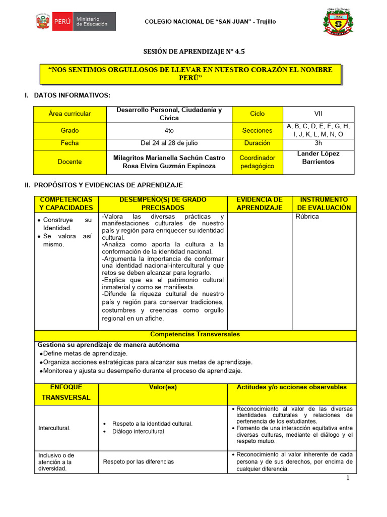 Sesion de Aprendizaje N°4.5 | PDF | Aprendizaje | Patrimonio cultural Sesion de Aprendizaje N°4.5 | PDF | Aprendizaje | Patrimonio cultural