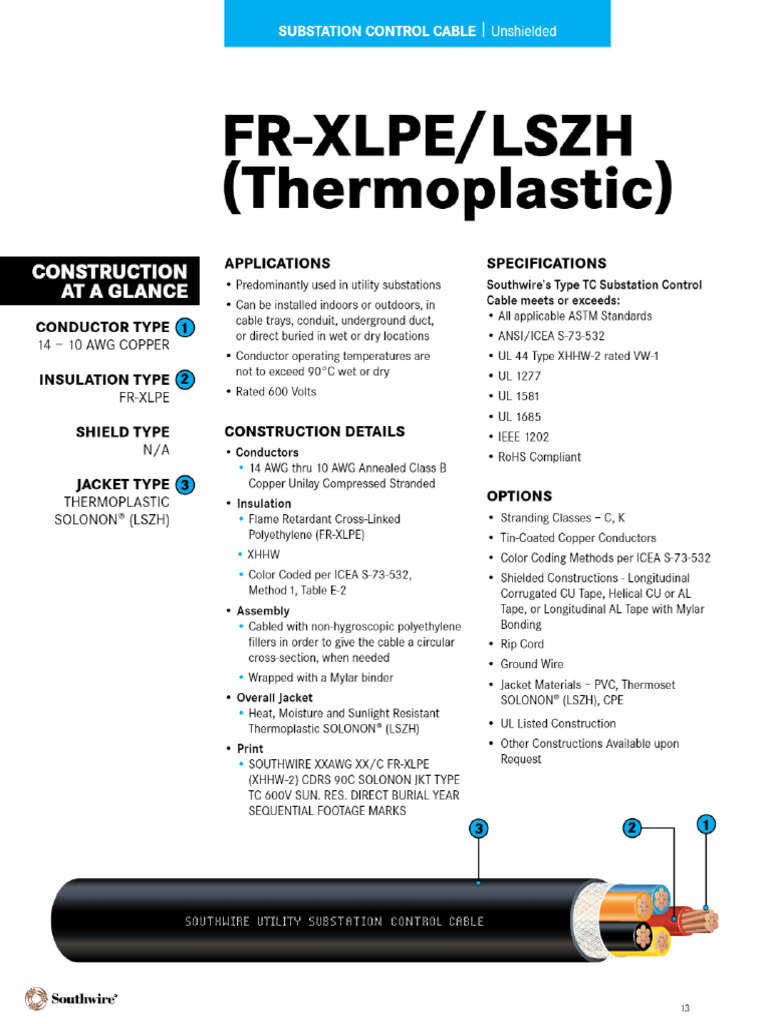 Thermoplastic FR XLPE LZSH CABLE (SOUTHWIRE) | PDF