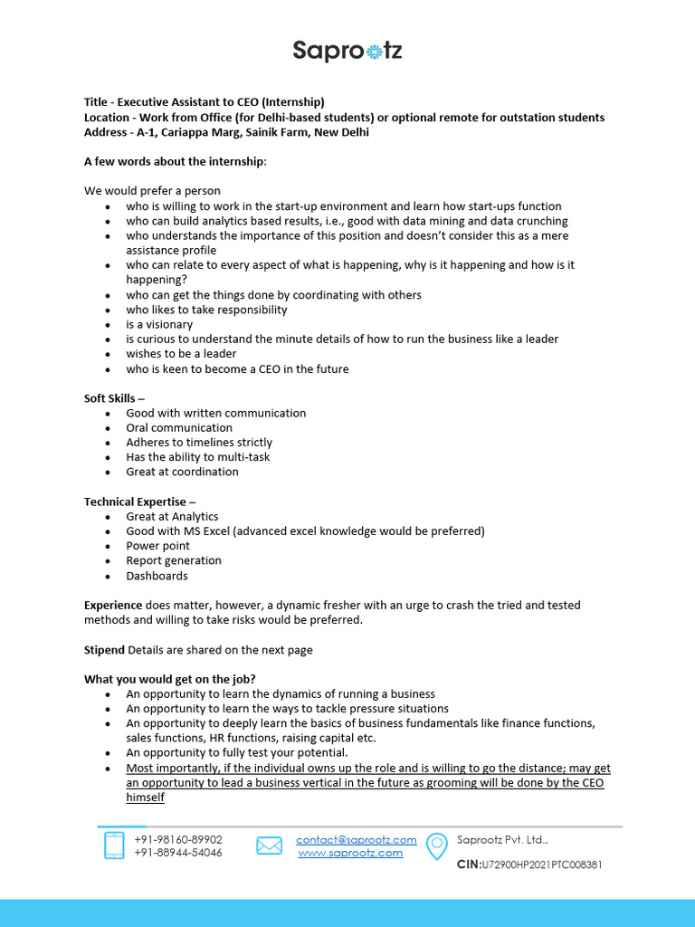 Internship - EA to CEO 2024 | PDF | Analytics | Startup Company