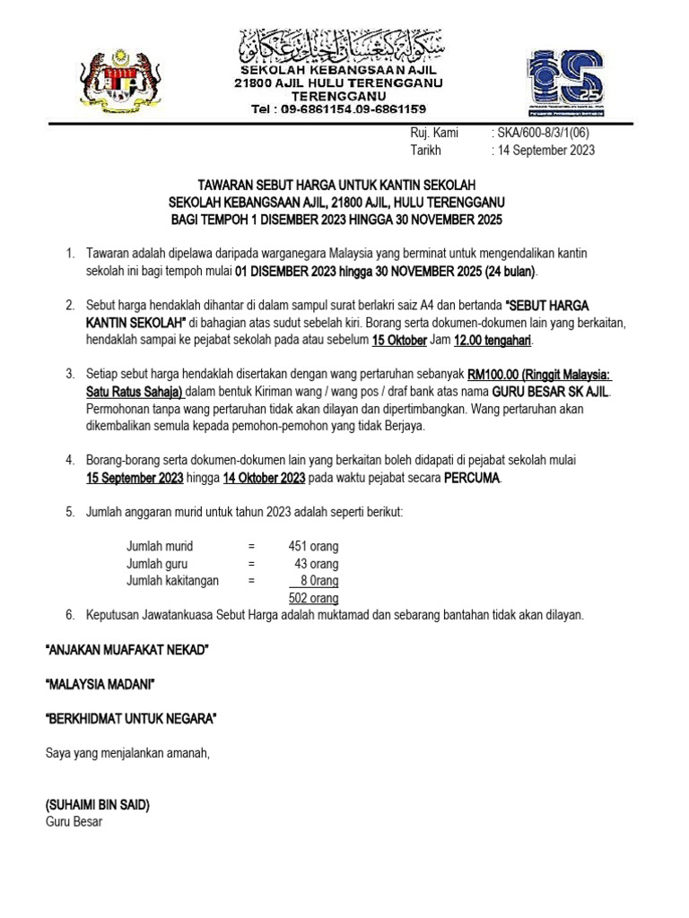 Tawaran Sebut Harga Kantin 2023 | PDF