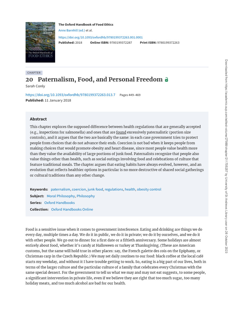 20 Paternalism, Food, and Personal Freedom: Sarah Conly | PDF | Junk ...