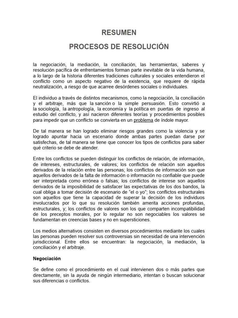 Resumen Proceso de Resolución | PDF | Mediación | Arbitraje