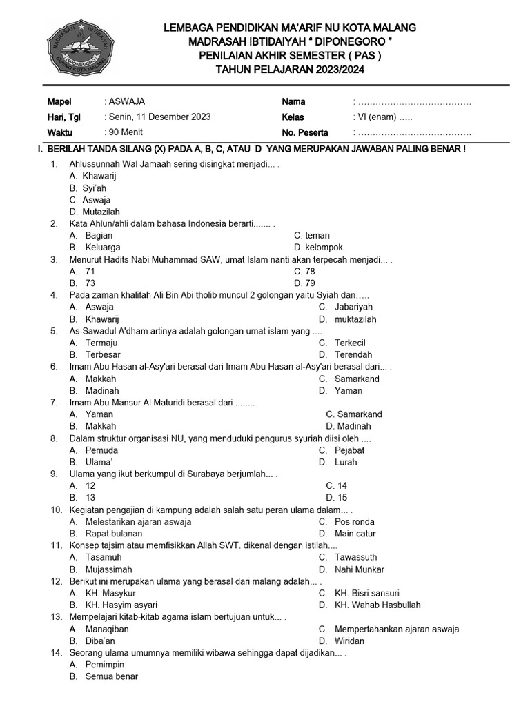 Soal Aswaja 6B | PDF