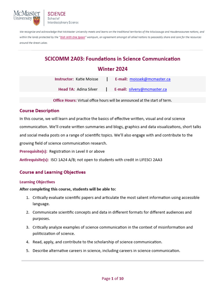 SCICOMM 2A03 Course Outline Winter 2024 | PDF | Plagiarism | Academic ...