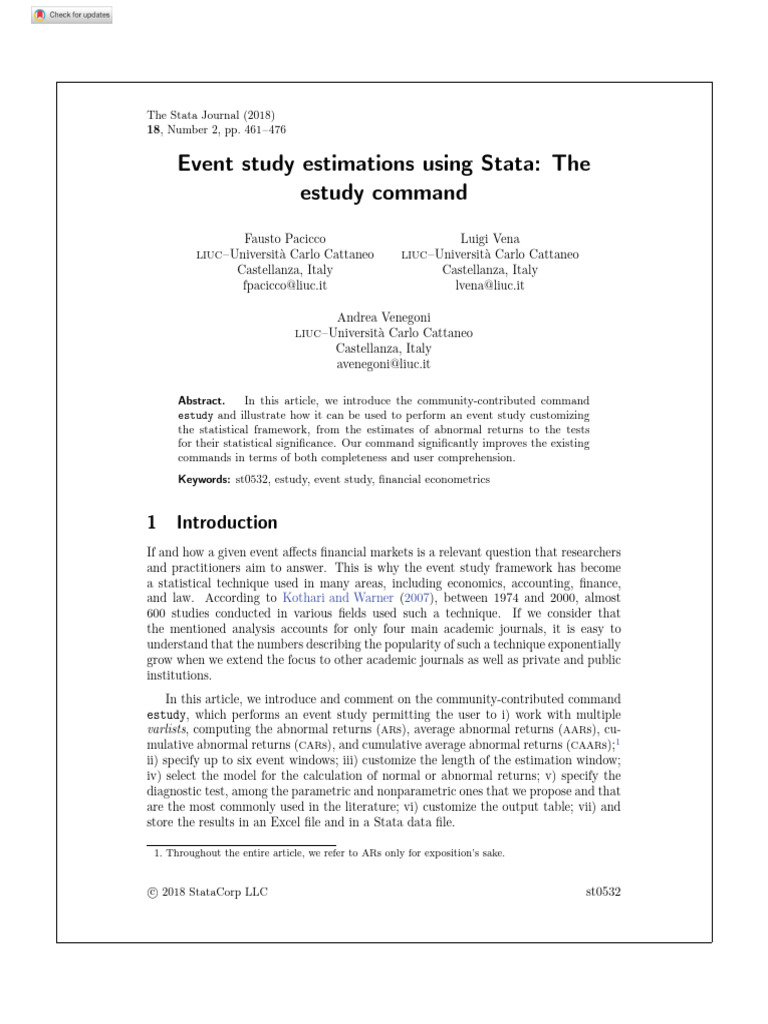 Pacicco Et Al 2018 Event Study Estimations Using Stata The Estudy ... Pacicco Et Al 2018 Event Study Estimations Using Stata The Estudy ...