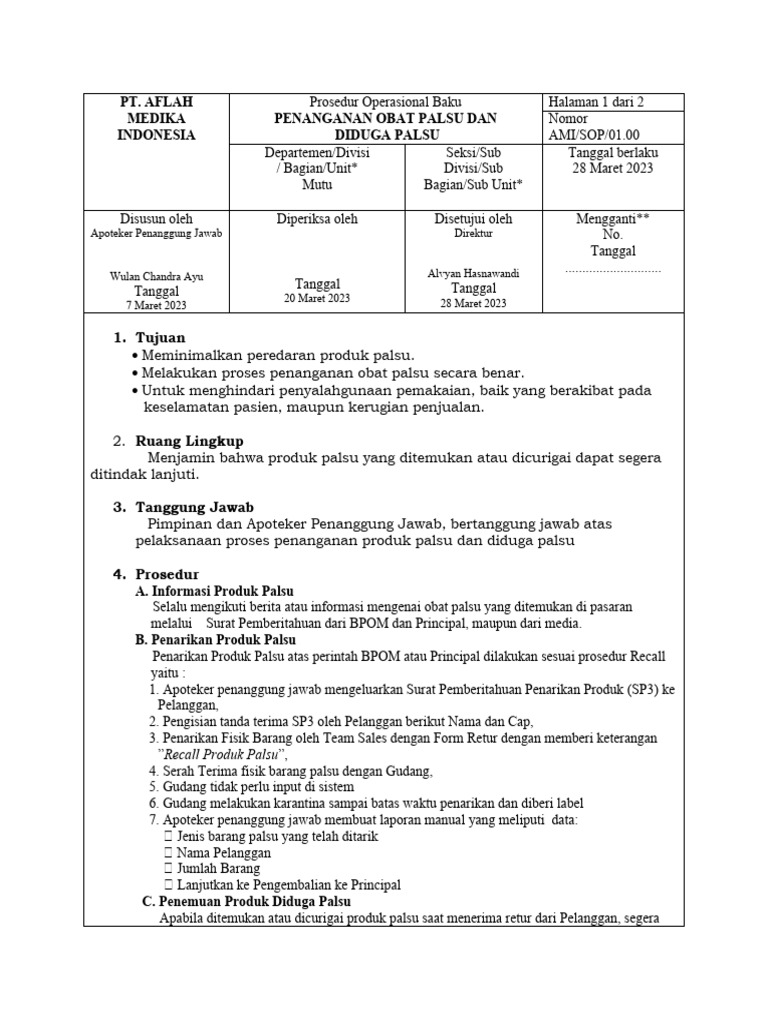 SOP Penanganan Obat Palsu | PDF