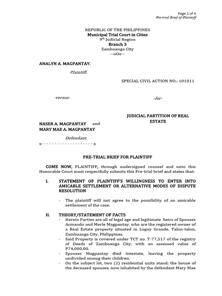 Plaintiff Pre-Trial Brief | PDF | Concurrent Estate | Complaint