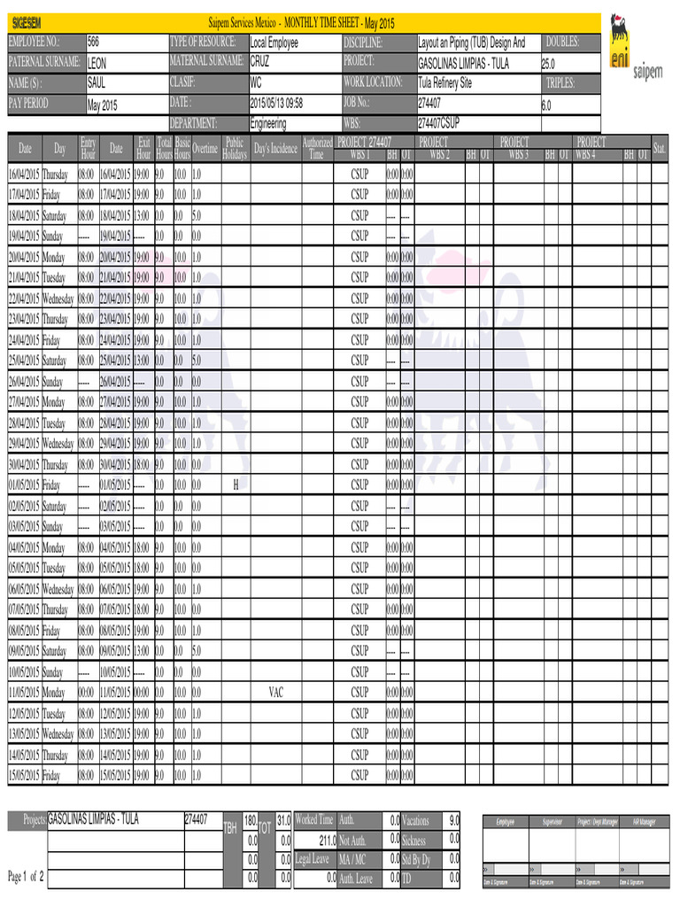 SSM MONTHLY TIME SHEET - ABR-MAY 2015 - Lcs | PDF