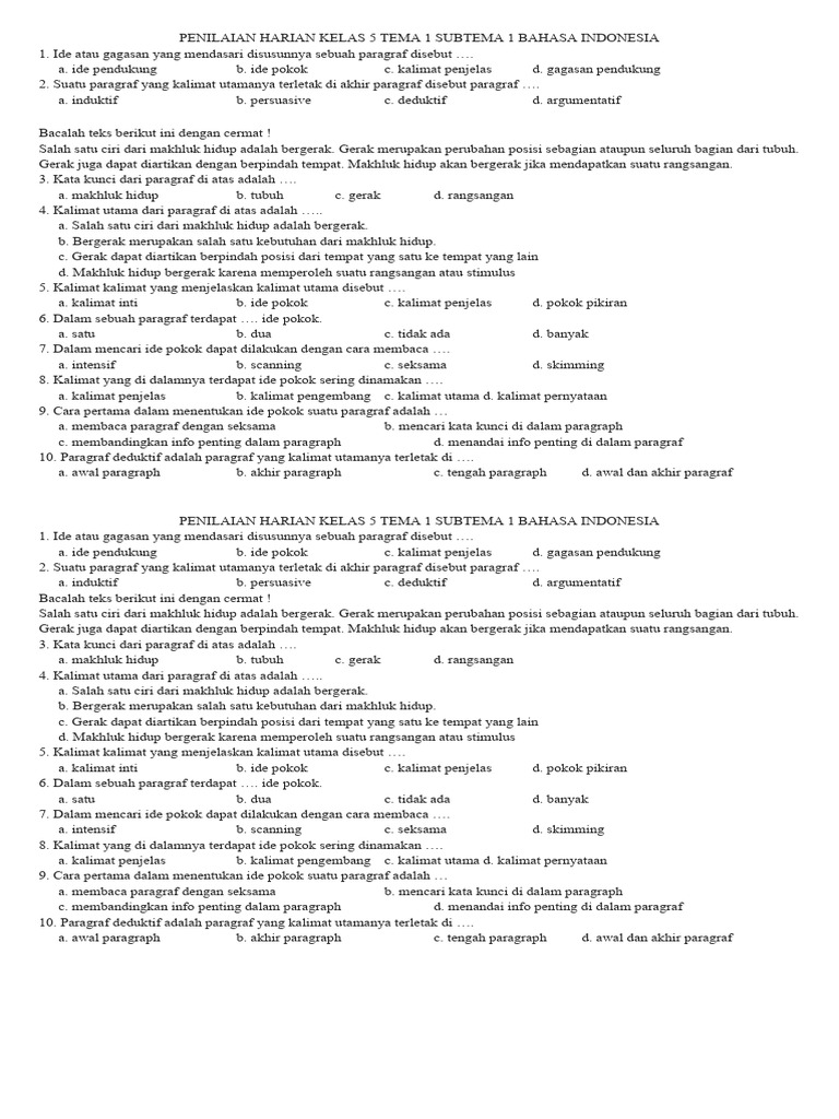 Penilaian Harian Kelas 5 Tema 1 Subtema 1 Bahasa Indonesia | PDF