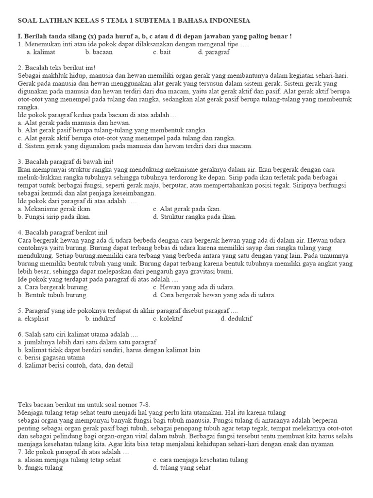 Soal Latihan Kelas 5 Tema 1 Subtema 1 Bahasa Indonesia | PDF