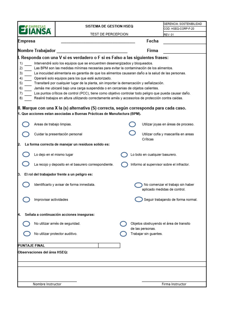 Hseq Corp F 20 Test De Evaluacion Inducción Rev 01 Pdf