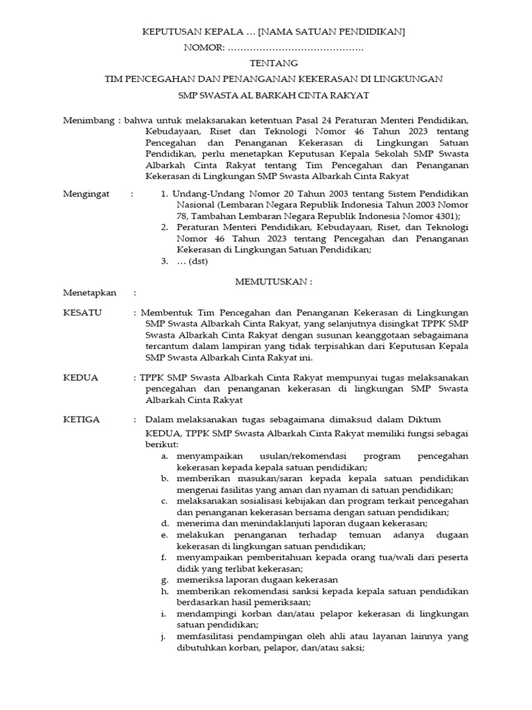 Lampiran 2 - Contoh SK Kepala Satuan Pendidikan Pembentukan TPPK | PDF ...