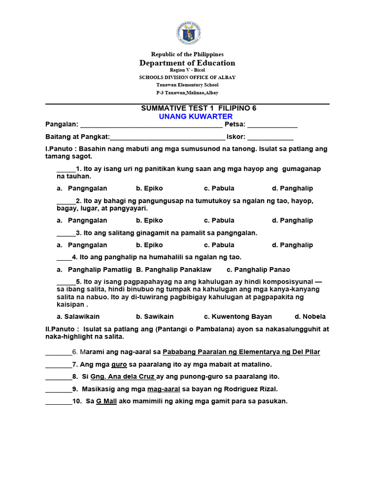 Q1 1st Summative Test FILIPINO 6 | PDF