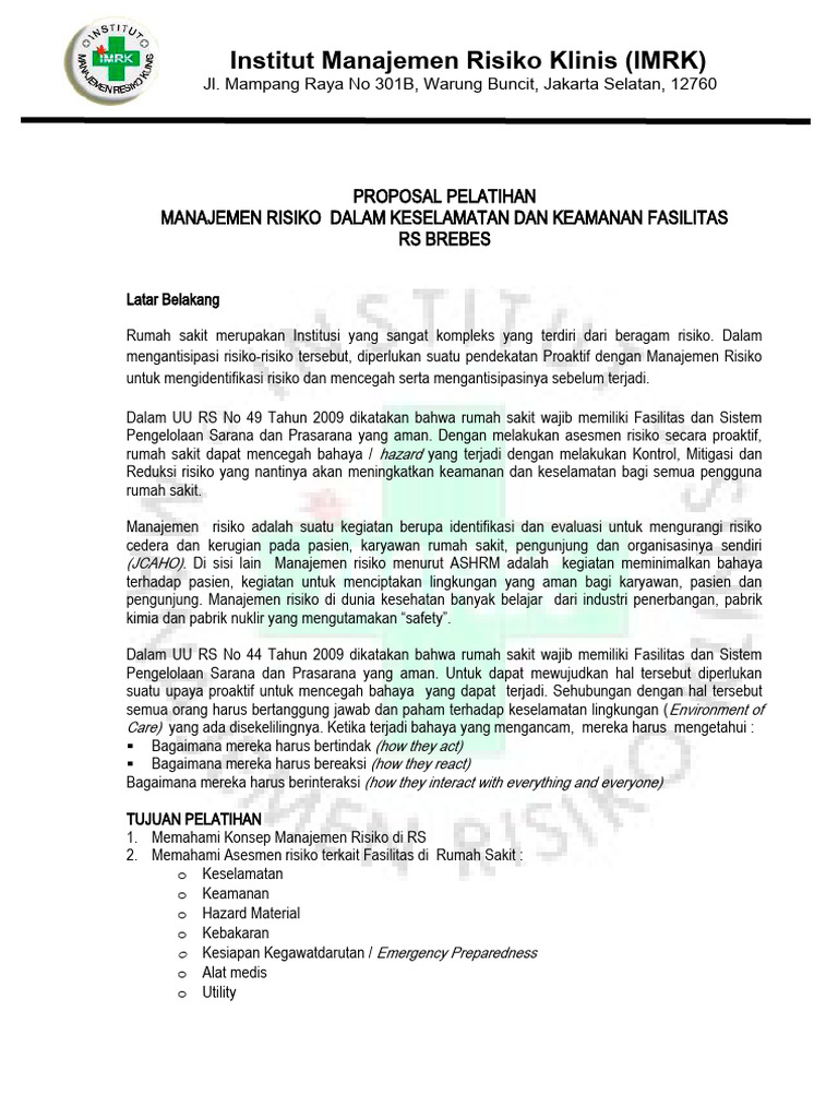 Proposal Workshop Manajemen Risiko Dalam Keselamatan Dan Keamanan Fasilitas RS Brebes | PDF ...