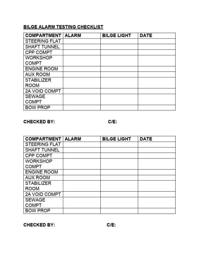 Bilge Alarm Testing Checklist | PDF | Technology & Engineering
