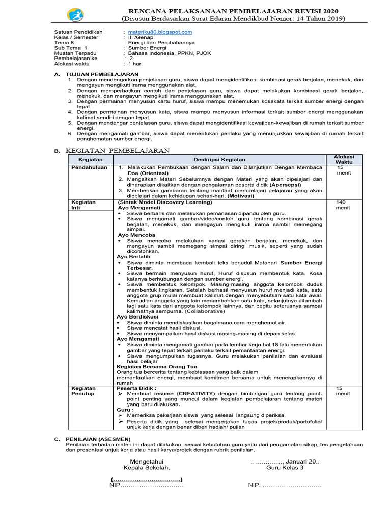 (Materiku86.blogspot - Com) RPP Kelas 3 Tema 6 Subtema 1 Pembelajaran 2 K13 Revisi 2020 | PDF ...