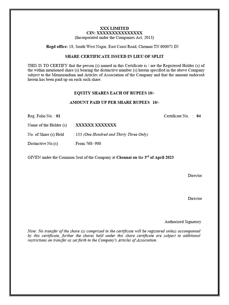 Share Certificate Format for Equity Shares | PDF | Corporations ...