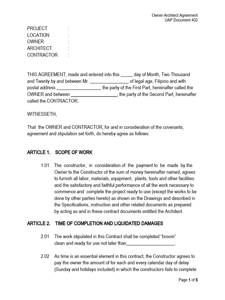 UAP Doc 402 Owner Architect Agreement | Download Free PDF | Architect ... UAP Doc 402 Owner Architect Agreement | Download Free PDF | Architect ...