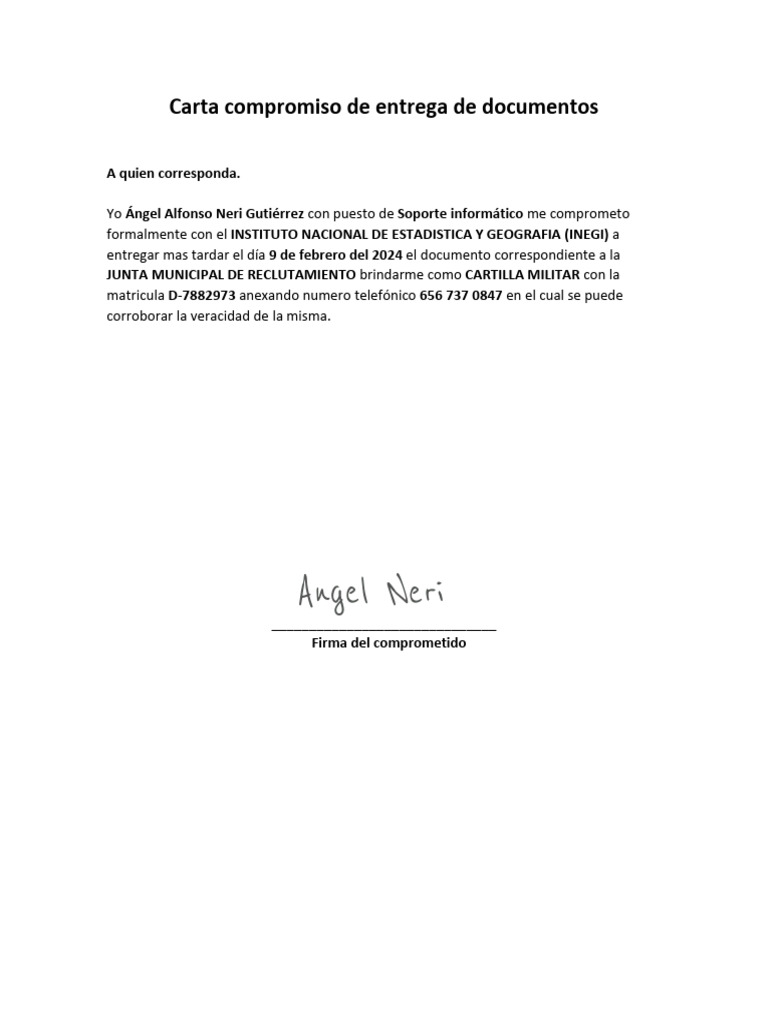Carta Compromiso de Entrega de Documentos - Signed | PDF