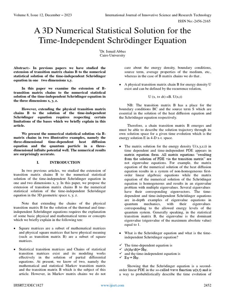 A 3d Numerical Statistical Solution For The Time Independent Schrödinger Equation Pdf