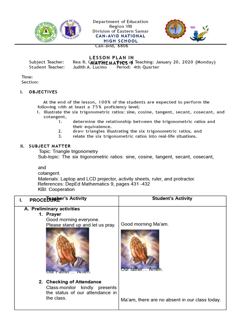 Detailed Lesson Plan in Grade 9 Lesson 1 | PDF | Trigonometric ...