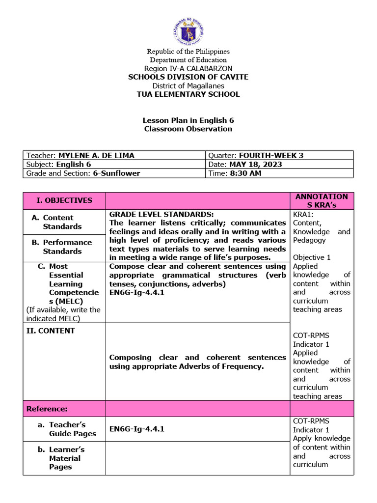 Cot English 6 Q4 Week3 Adverb of Frequency | PDF | Human Communication | Learning