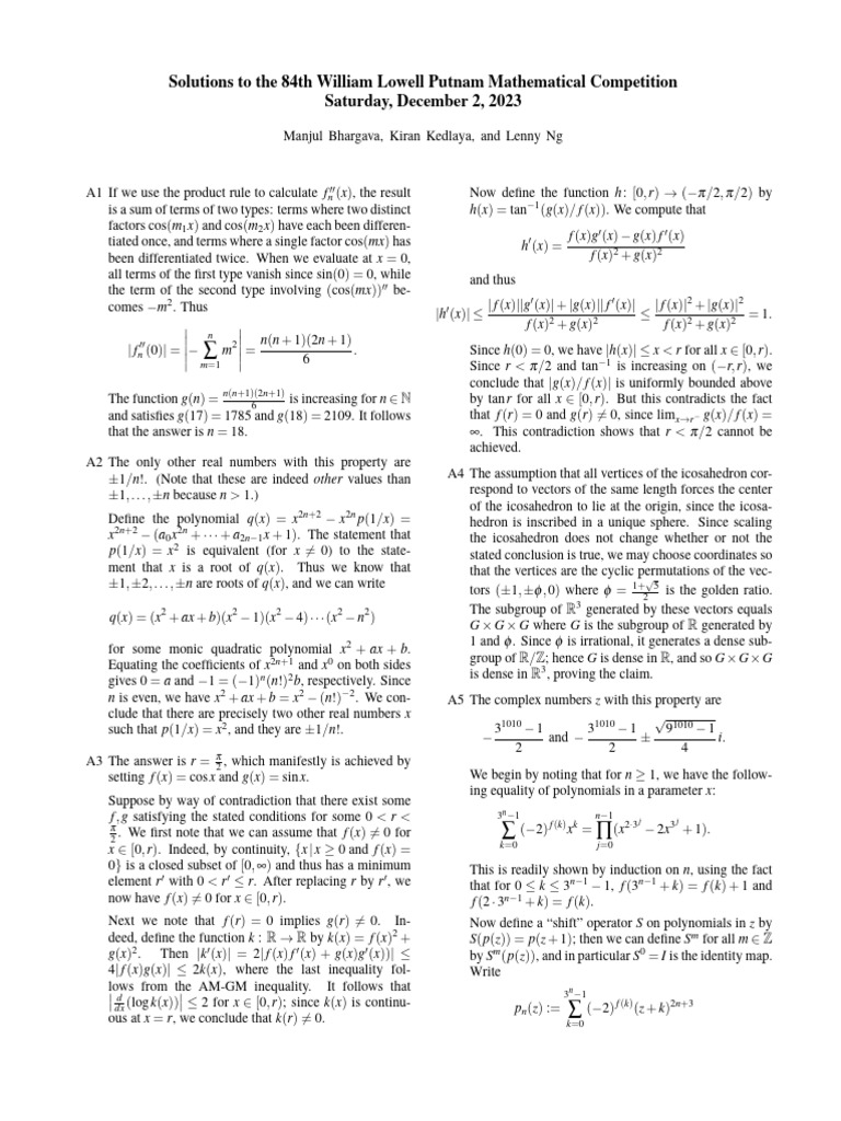 Solutions To The 84th William Lowell Putnam Mathematical Competition ...