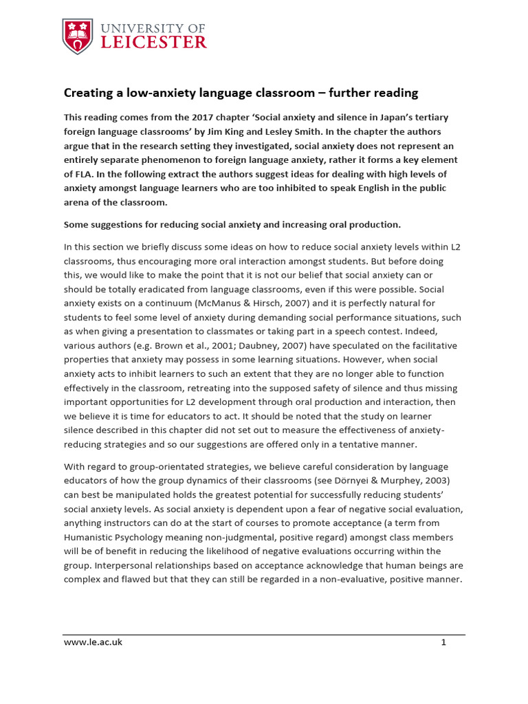 Creating_a_low-anxiety_language_classroom | PDF | Second Language | Learning